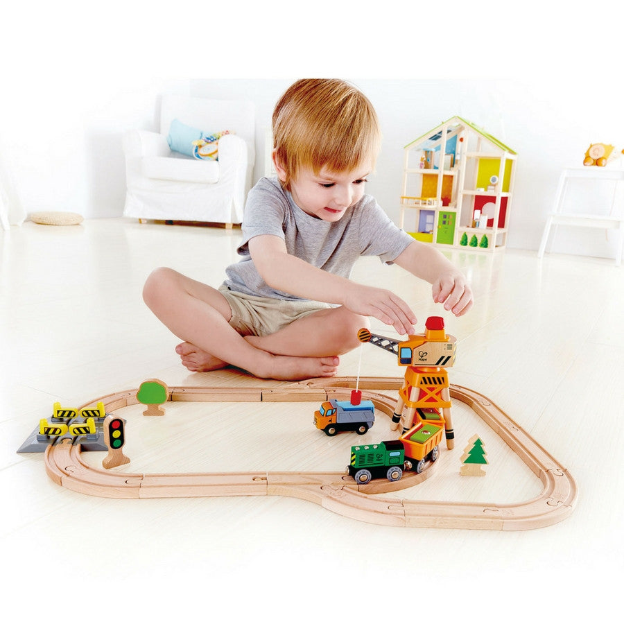Hape Crane and Cargo Wooden Train Set | KidzInc Australia Online Toys