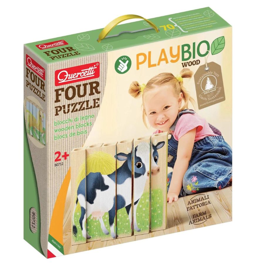 Quercetti PlayBio Wood Four Puzzle Farm Animals Wooden Blocks| KidzInc